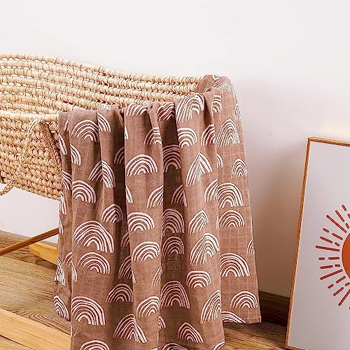 BabyWhale Muslin Swaddle Blanket, Boho Brown Rainbow Pattern Swaddle and Solid Color Swaddle for Newborn Baby Boys & Girls, Unisex Silky Soft Breathable Receiving Swaddle Wrap, 47x47 inches, 2 Pack