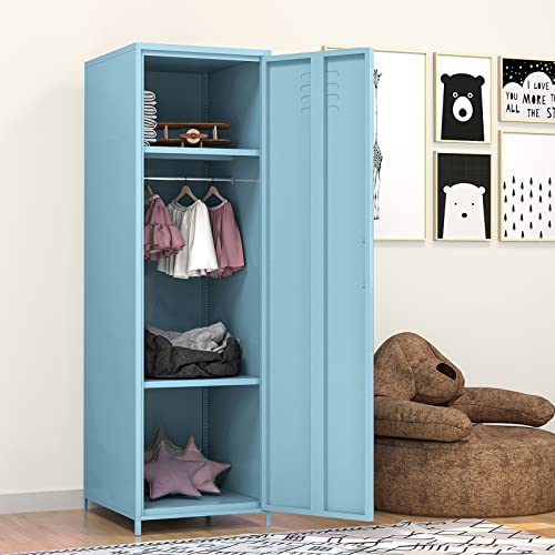 Sweiko Metal Locker Cabinet Storage Cabinet Locker for Bedroom School Classroom Single Door Steel Locker for Toys and Clothes with Hanging Rod and Shelves Blue