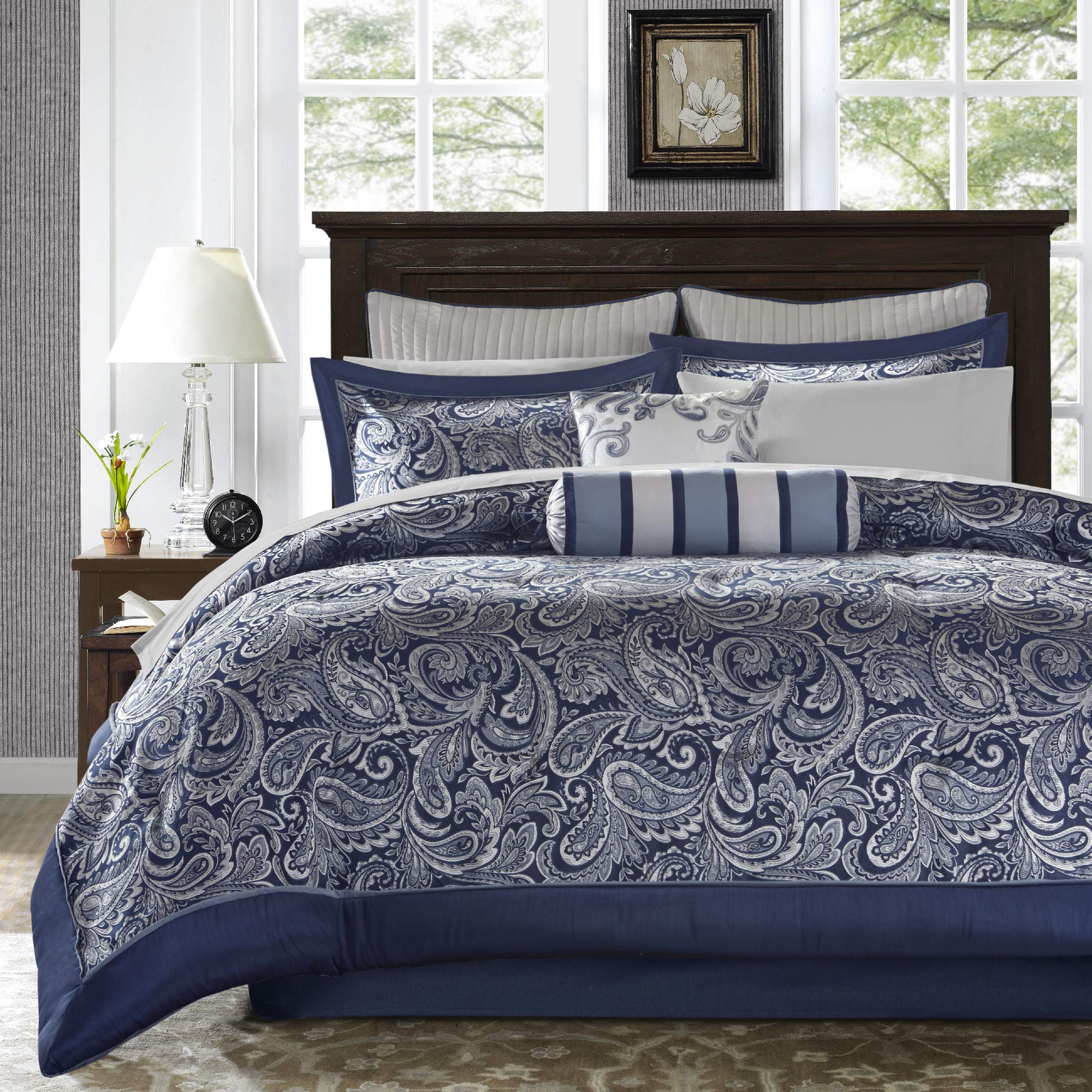 Madison Park Aubrey Cozy Comforter Set, Faux Silk Jacquard Paisley Design - All Season Down Alternative Bedding Layer with Bedskirt, Decorative Pillow, Queen, Navy 12 Piece