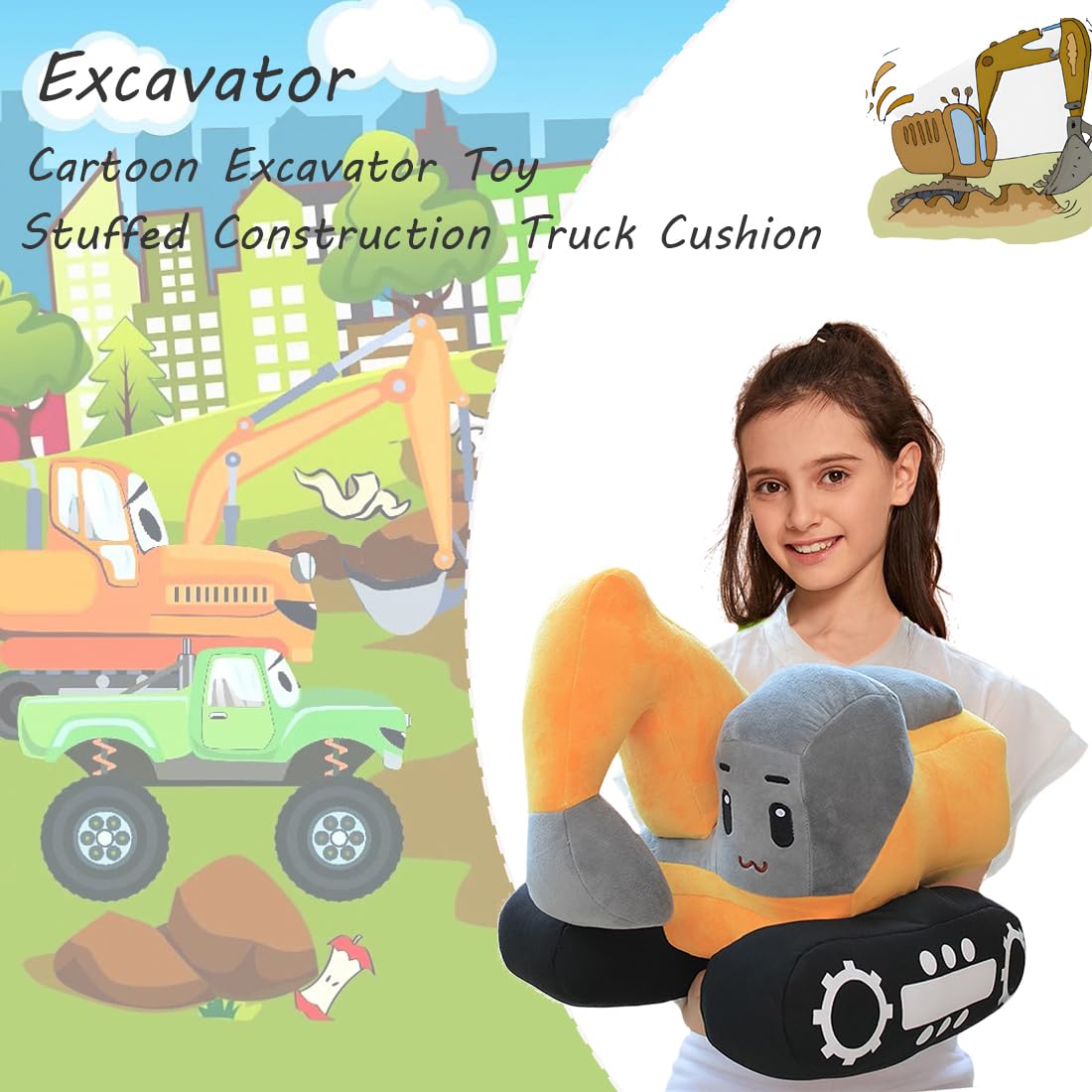 ELAINREN Boys Cool Excavator Stuffed Truck Toy Simulation Yellow Excavator Plush Car Cartoon Construction Excavator Plushie Gifts/26x23cm