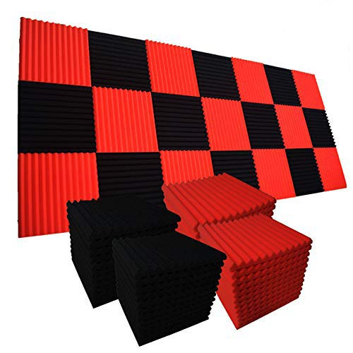 96 Pack BLACK Acoustic Foam Panel Wedge Studio Soundproofing Wall Tiles 12" X 12" X 1" (96BLACK/RED)