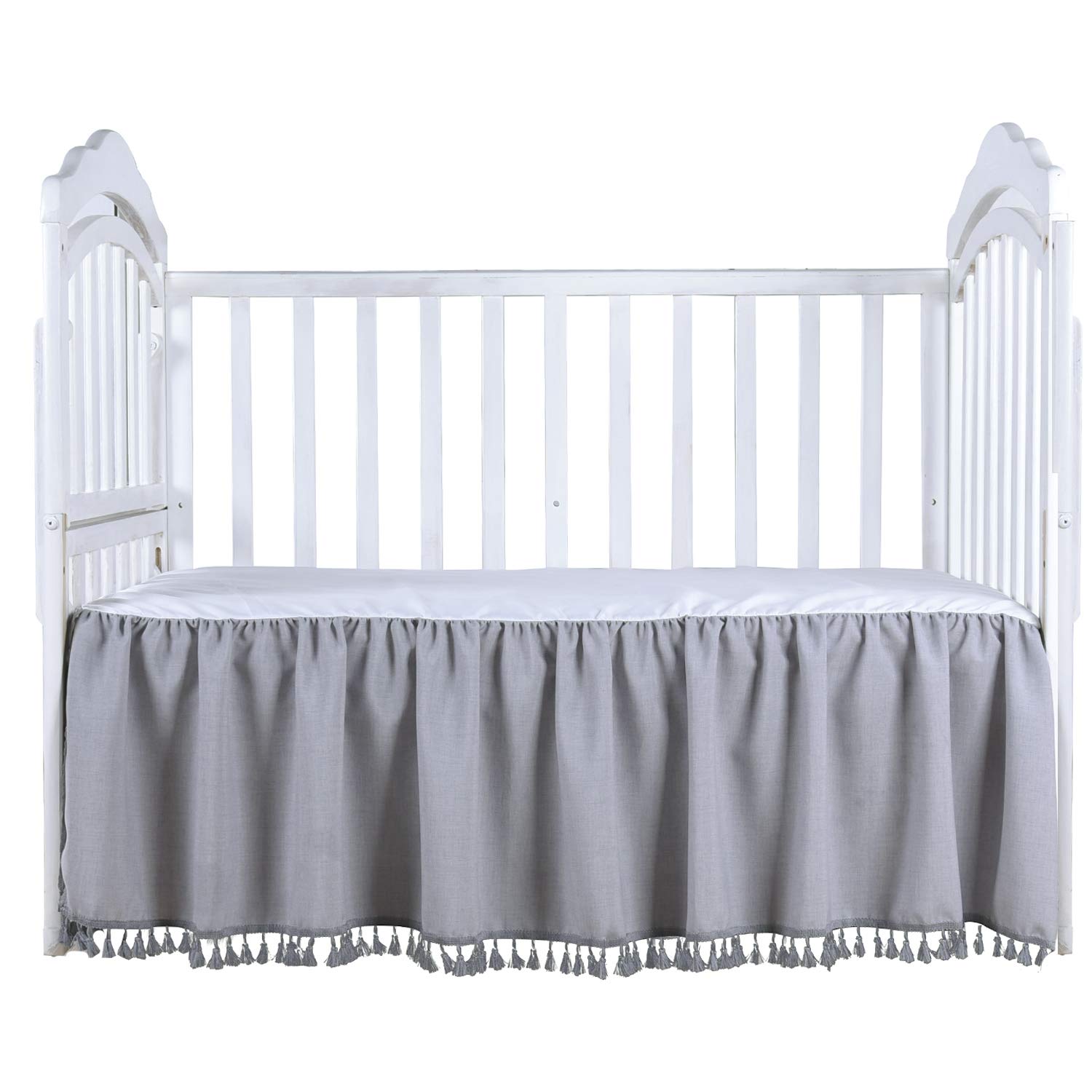 leegleri Crib Bed Skirt Pleated Ruffle with Tassel Nursery Crib Bedding Skirts for Baby Boys or Girls, 15" Drop/Grey