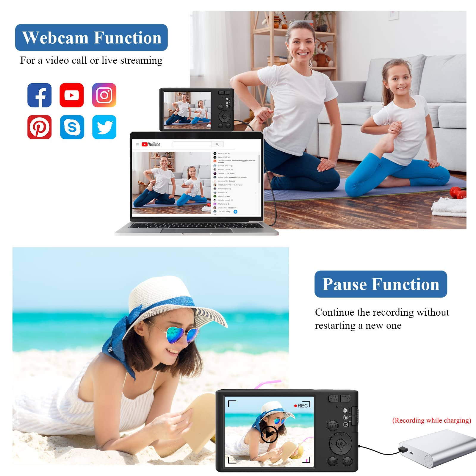 4K Digital Camera 48MP Compact Camera Autofocus 16X Digital Zoom Portable Camera for Boys, Girls,Adult,Beginners (with 32GB SD Card and 2 Batteries)