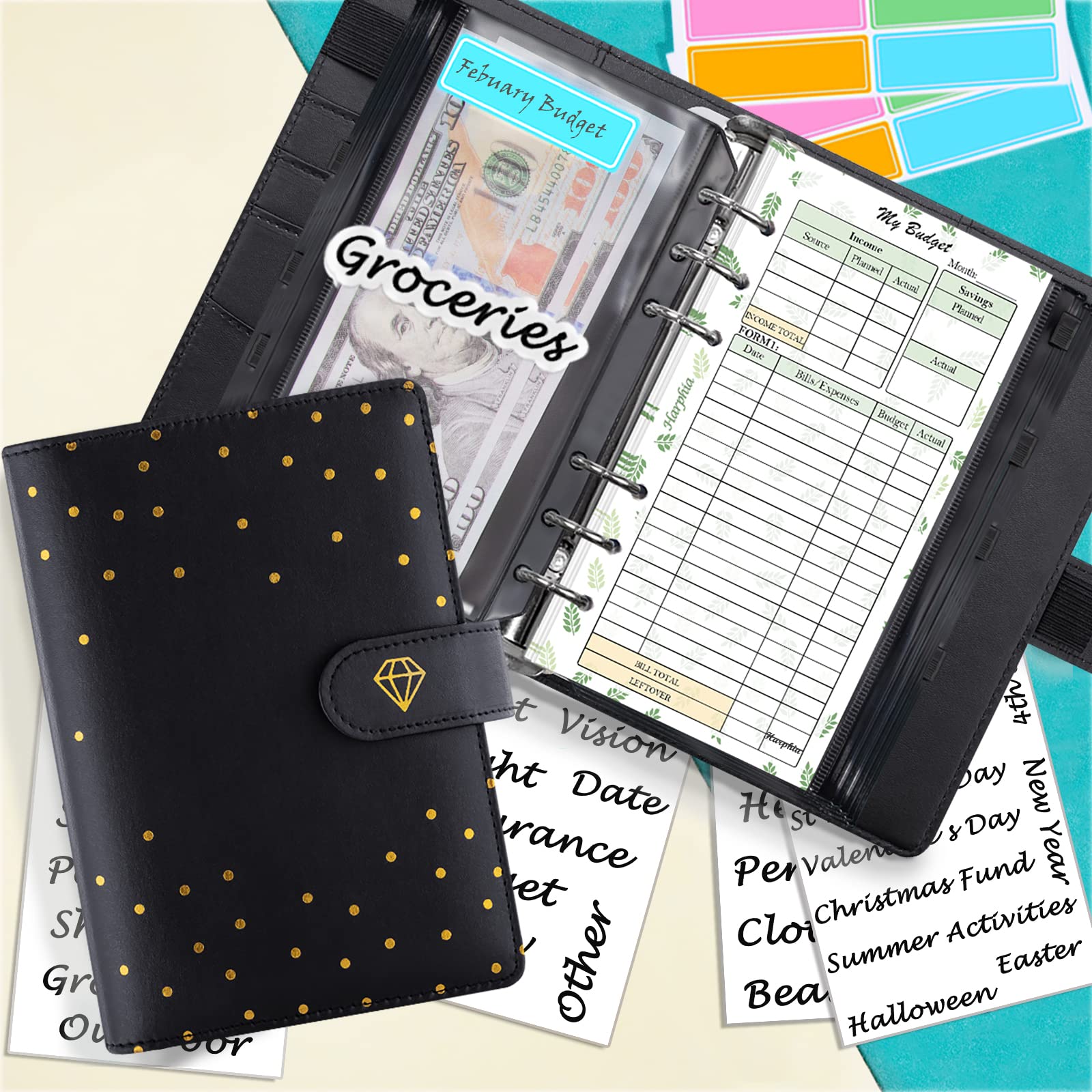 A6 Money Organizer, 6-Ring Budget Planner kit with envelopes, Budget Refill, Matched Stickers and Labels, 7.4"x 5.71" (Harphia, 146-silver)
