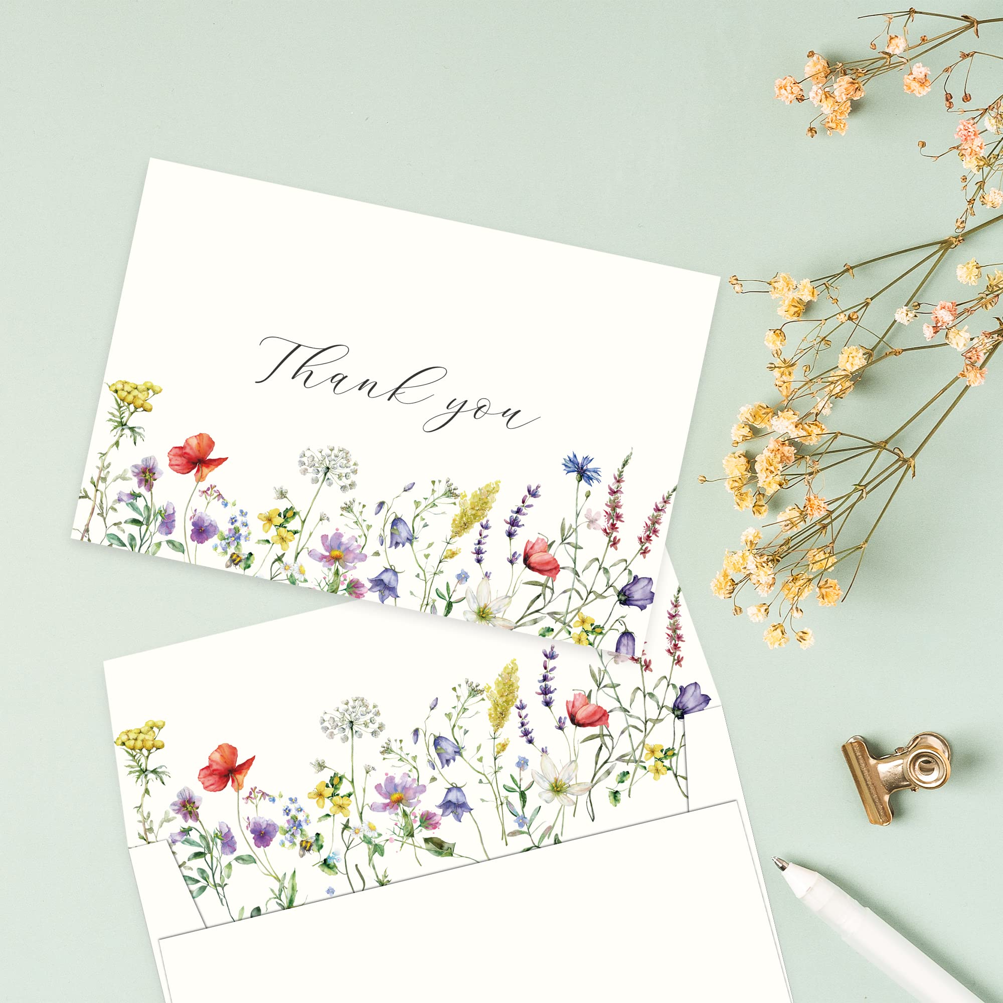 Gooji 4x6 Midsummer Floral Thank You Cards Multipack with Envelopes (Bulk 20-Pack) Matching Peel-and-Seal Envelopes, Wildflower, Weddings, Blank Notes Small Business, Assorted Stationary