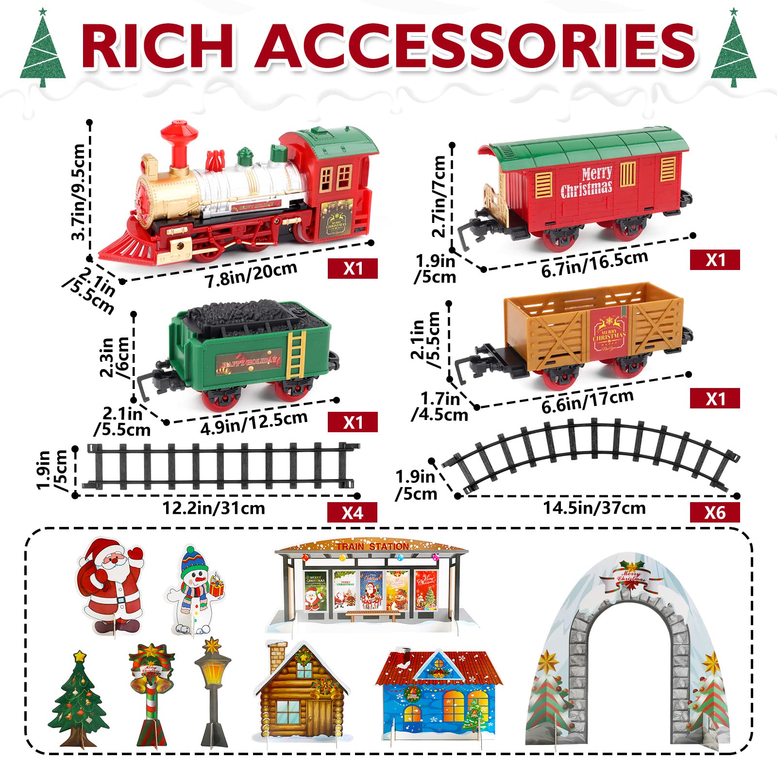 deAO Train Set for Christmas Tree,Classical Christmas Train Set with Headlight, Realistic Sounds, 4 Cars Carriage and Tracks, Best Gift for Christmas Décor Under The Christmas Tree