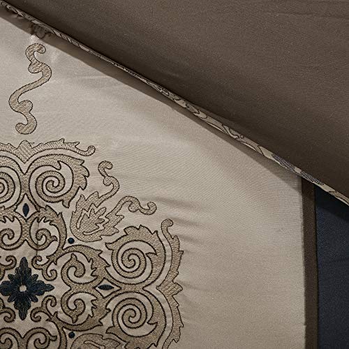 Madison Park Comforter Faux Silk-Traditional Luxurious Jacquard Design All Season Set, Matching Bed Skirt, Decorative Pillows, King(104"x92"), Navy 7 Piece