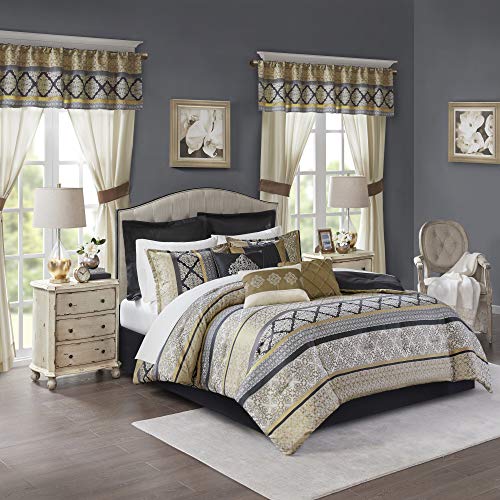 Madison Park Essentials Windsor 24-Piece Room in A Bag Comforter Set-Satin Jacquard All Season Luxury Bedding, Sheets, Decorative Pillows and Curtains, Valance, Queen (90 in x 90 in), Black/Gold