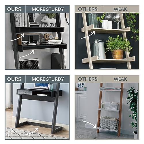 HOMES: Inside + Out Rexroad Wood Ladder Writing Desk with 1 Drawer and 3 Shelves-Versatile Kids Table, Wall-Mountable Leaning Design, Black and Distressed Gray