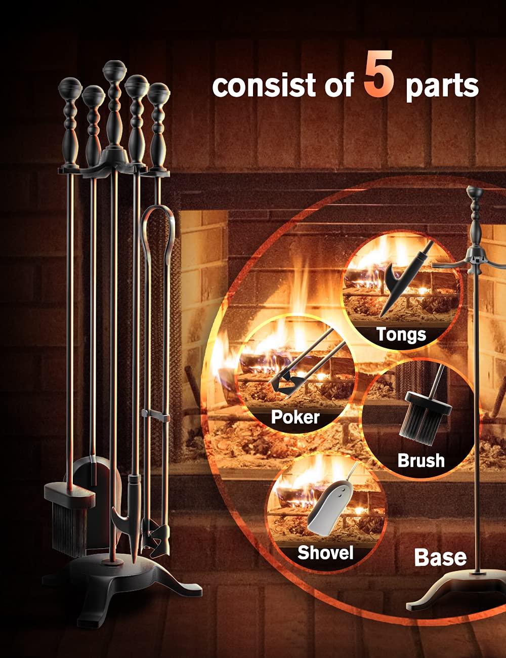 COMFYHOME 5-Piece Fireplace Tools Set 32'', Heavy Duty Wrought Iron Fire Place Tool w/Long Fire Poker, Shovel, Tongs, Brush, Stand for Outdoor Indoor Chimney,Stove, Fire Pit Easy to Assemble,Black