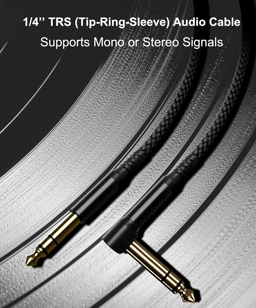 Elebase 1/4 Inch TRS Instrument Cable 20ft 2-Pack,Right-Angled to Straight 6.35mm Male Jack Stereo Audio Cord,6.35 Balanced Interconnect Line for Electric Guitar,Bass,Keyboard,Mixer,Amplifier,Speaker