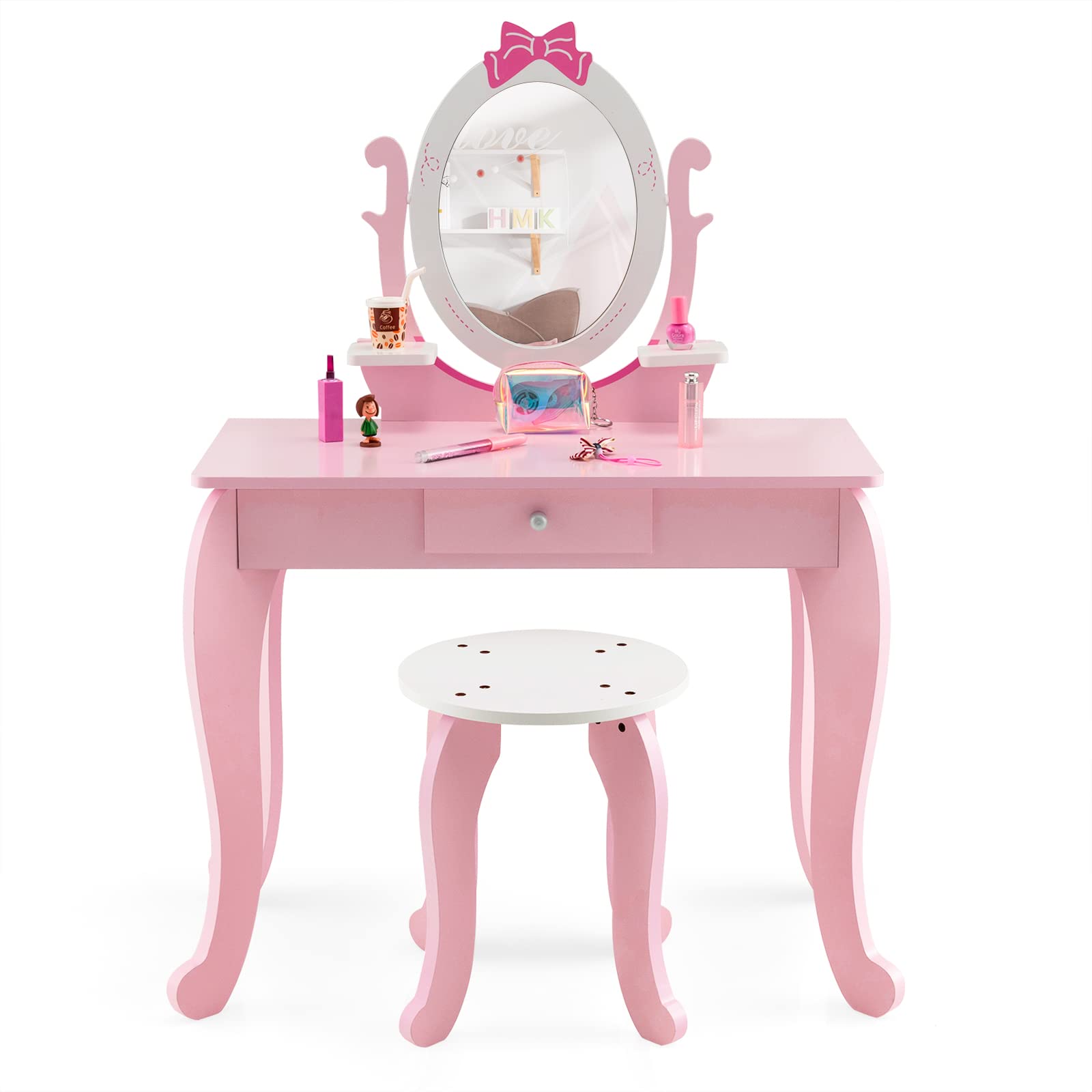 Costzon Kids Vanity Set with Mirror, 2 in 1 Princess Makeup Dressing Table w/Detachable Top, Toddler Vanity with 360° Rotating Mirror, Drawer & Stool, Pretend Play Vanity Set for Little Girls, Pink