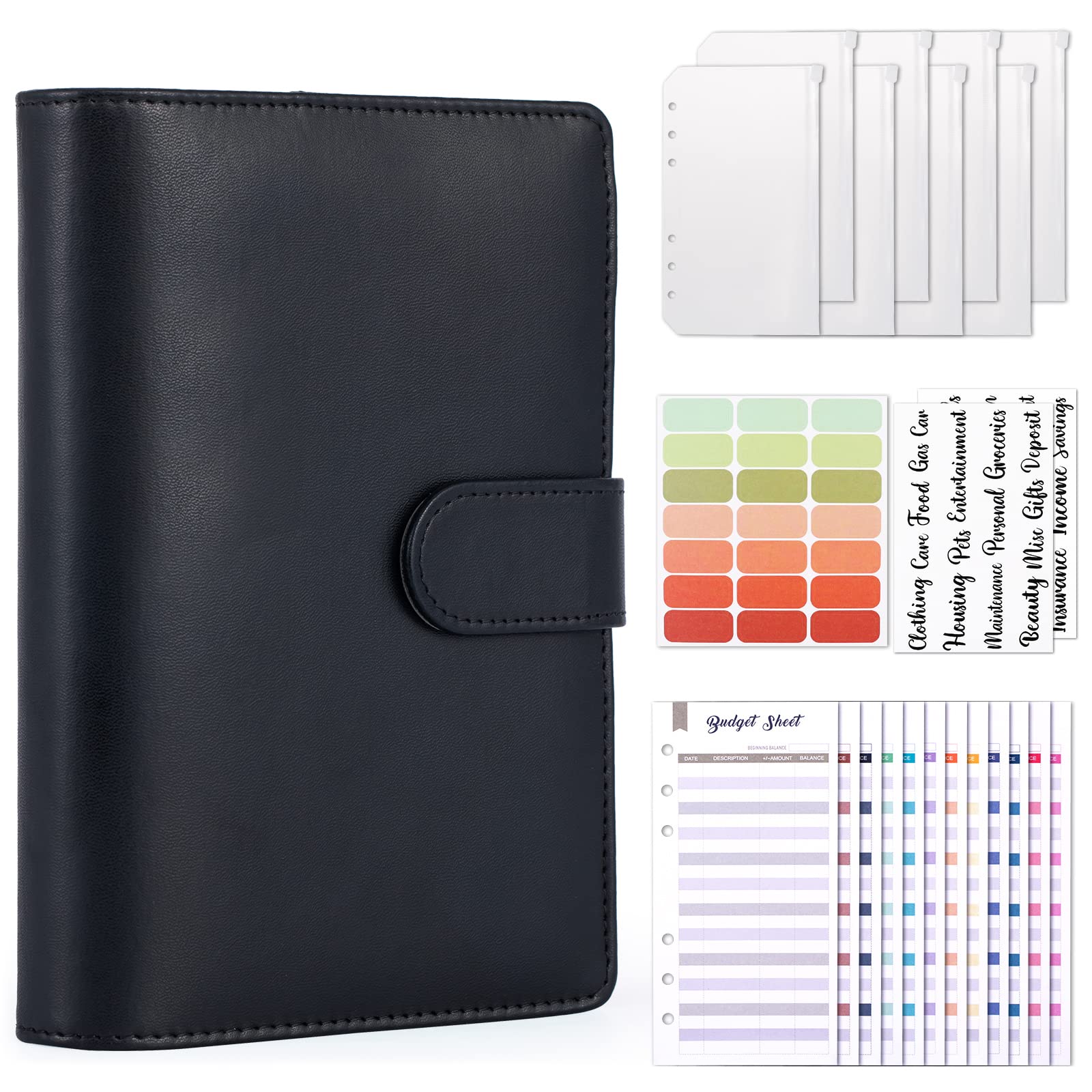 A6 Budget Binder with 8pcs Zipper Cash Envelopes, Pu Leather Cash Organizer for Money Saving with 12pcs Bill Budgeting Sheets Black
