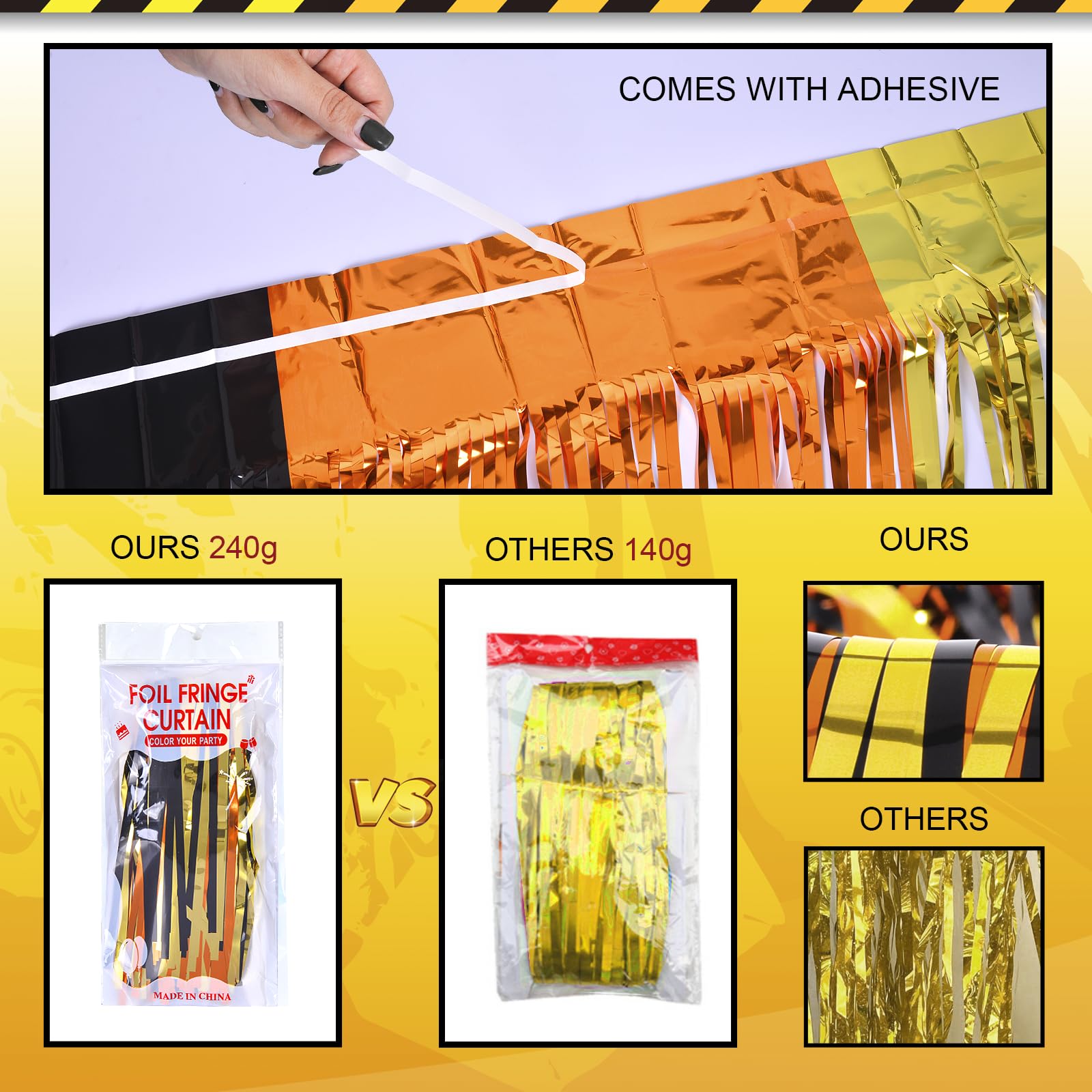 LOLStar 2 Pack Construction Foil Fringe Curtains, Construction Birthday Party Supplies, 3.3x6.6 ft Yellow Orange and Black Tinsel Photo Booth Prop, Streamer Backdrop for Construction Party Decoration