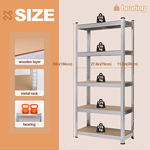 Timati Heavy Duty 5-Tier Adjustable Metal Shelving Unit Utility Rack Shelves,Reversible Metal Storage Shelving with Foot Pads for Warehouse, Basement, Kitchen- Silver