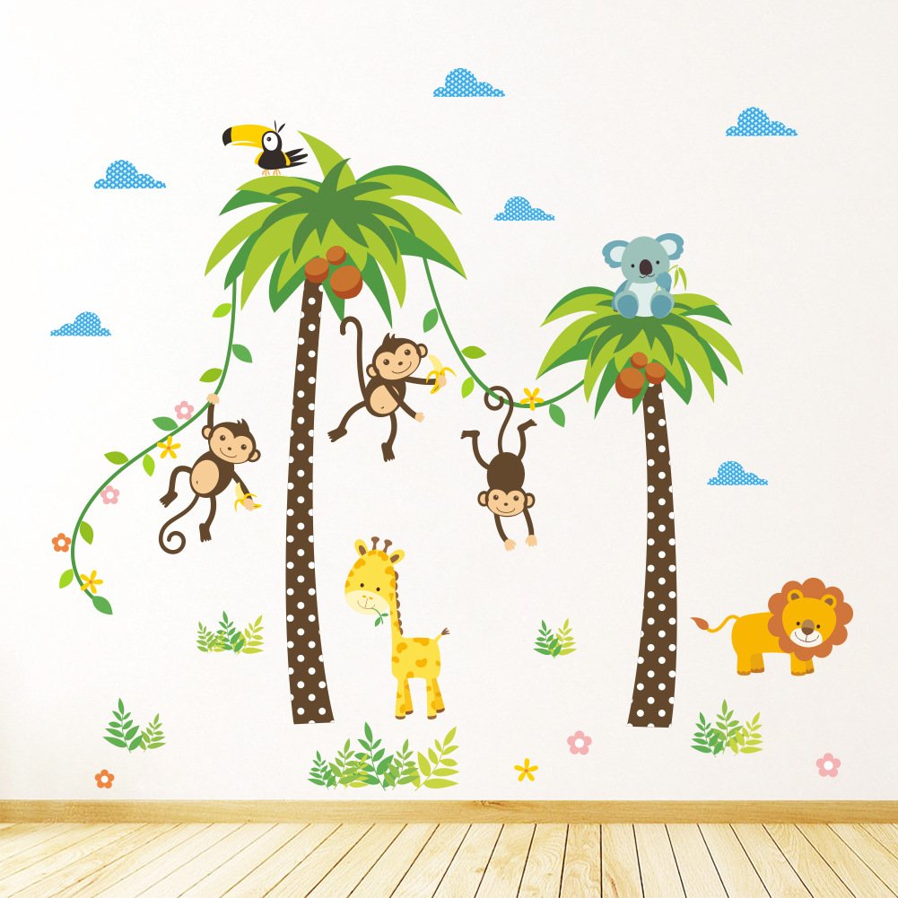 ElecMotive Cartoon Forest Animal Monkey Crow Koala Coconut Palm Tree Nursery Wall Stickers Wall Murals DIY Posters Vinyl Removable Art Wall Decals for Kids Girls Room Decoration (Monkey Lion Giraffe)