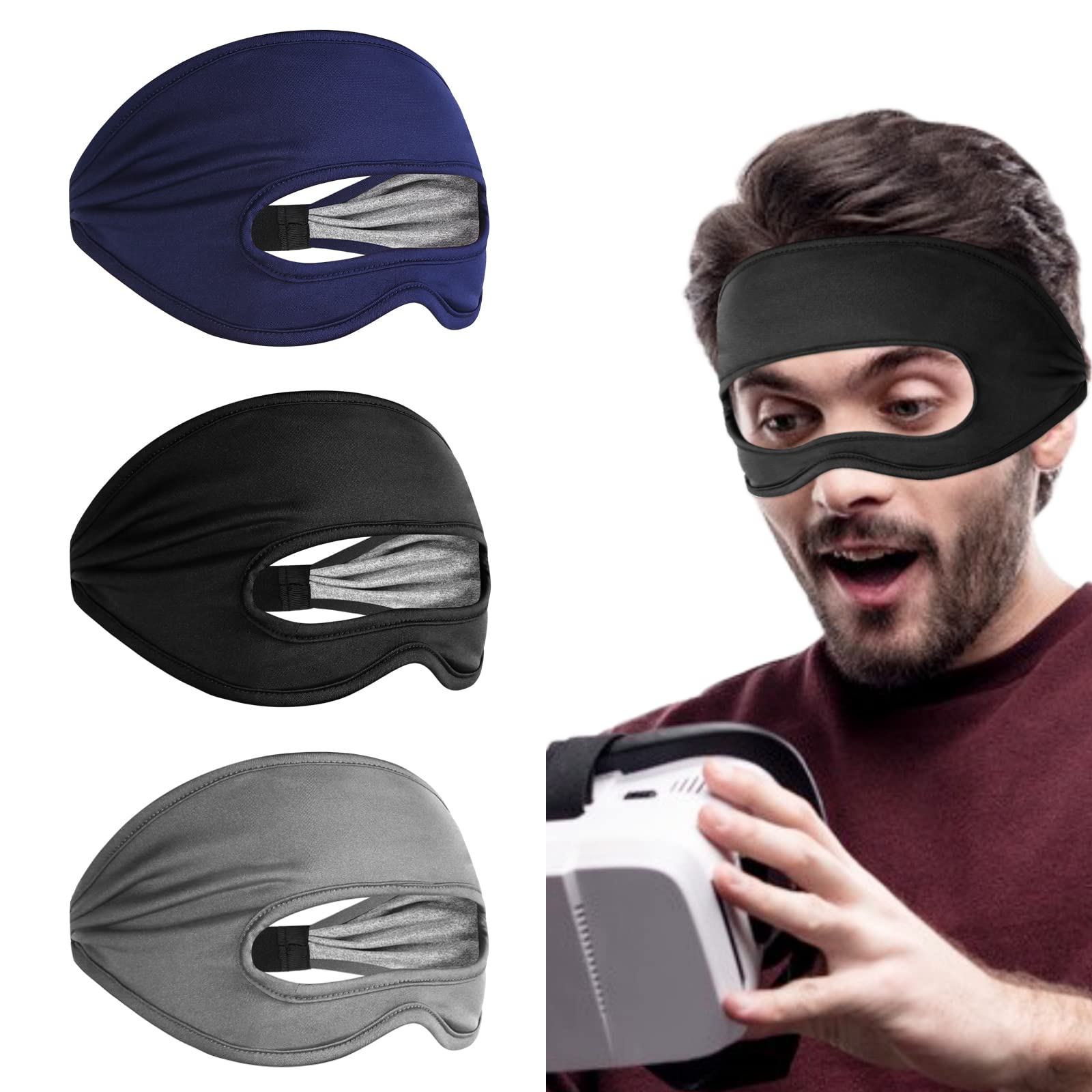Charlux VR Sweat Band for Oculus Go Quest 2 Meta Face Mask Eye Masks Headband Guard Cover for VR Workouts Supernatural for Men Women (Navy Blue/Black/Gray, 3pcs)