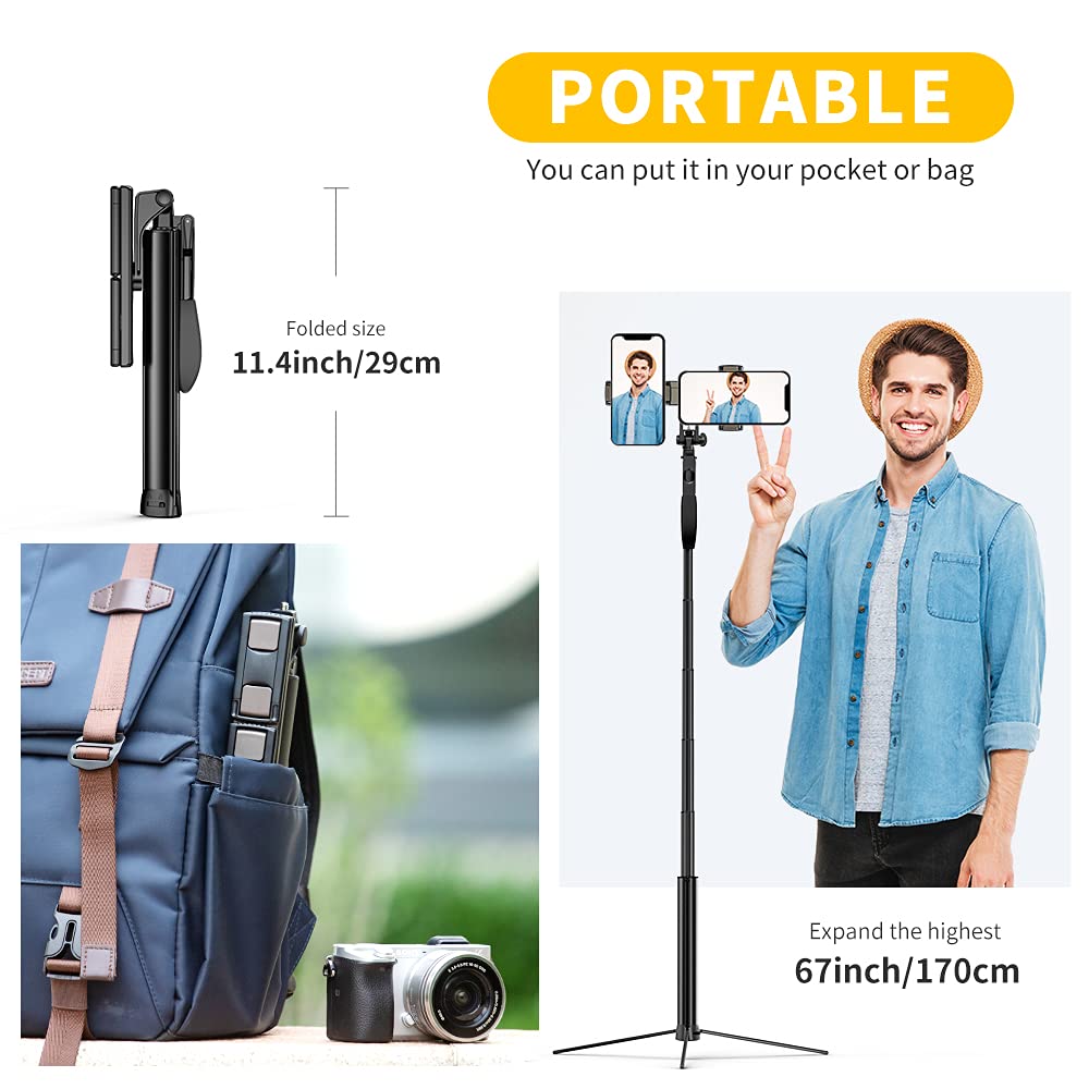 67'' Bluetooth Selfie Stick Phone Tripod, Extendable Travel Tripod Stand with Remote & 360° Rotation Phone Holder for Android iPhone Selfies, Video Recording, Vlogging, Live Streaming
