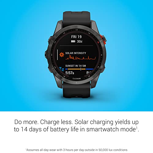 Garmin fenix 7S Solar, Smaller sized adventure smartwatch, with Solar Charging Capabilities, Rugged outdoor watch with GPS, touchscreen, health and wellness features, slate gray with black band