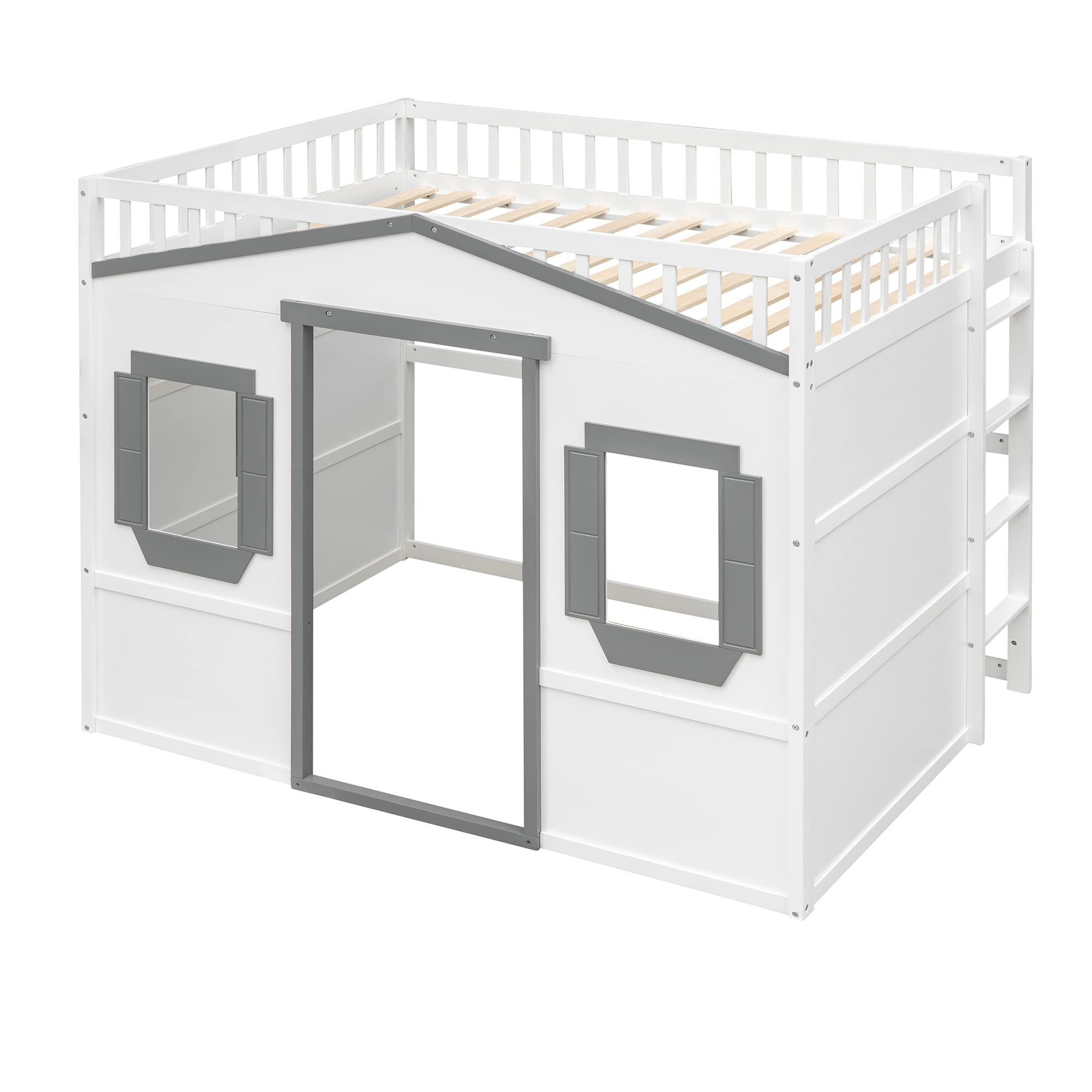 Full Size House Loft Beds Wood Loft Bed Frame with Window and Wall Fun Playhouse Bed with Ladder for Kids Boys Girls Teens, White with Gray