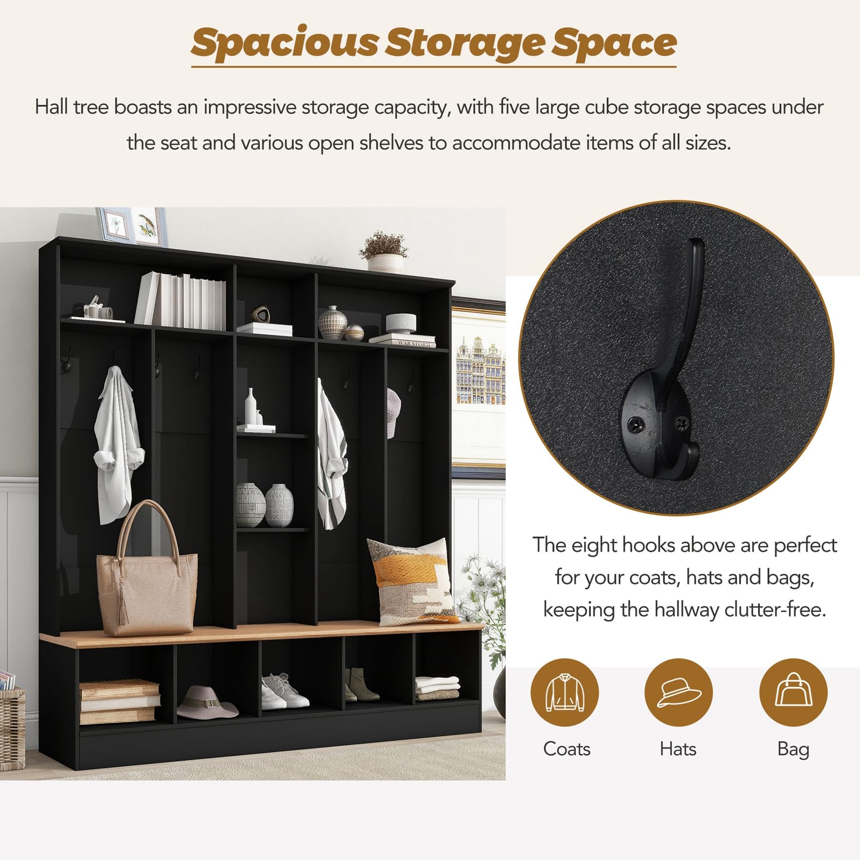 67" W Hall Tree with Shoe Storage Bench, Minimalist Entryway Bench with Coat Rack, Cube Storage and Shelves, Multifunctional Mudroom Bench with Storage and 8 Hooks for Entryway, Hallway (Black)