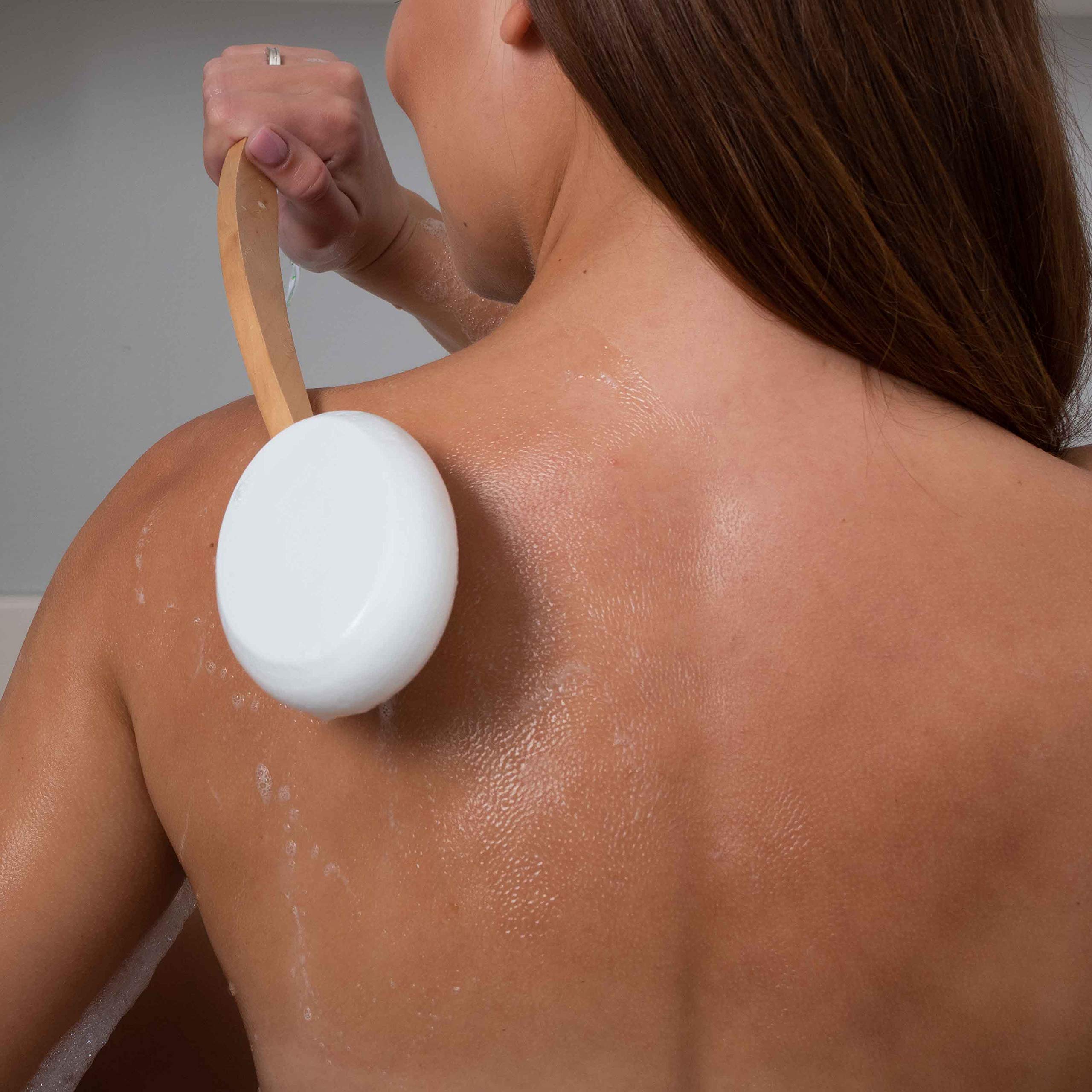 Lotion Applicator for Your Back, Legs, Feet - Sunscreen Applicator - Long Curved Easy Reach Wooden Handle Body Brush for Suntan, Sunless Self-Tanning, Skin Cream, Acne, Body Wash - Elderly Aid