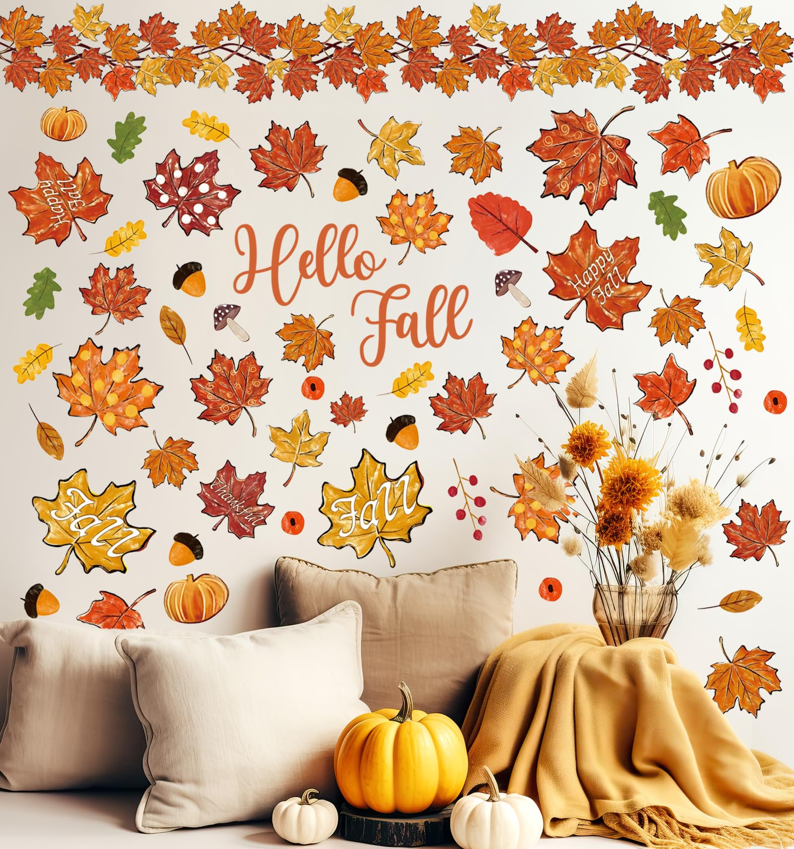 JarThenaAMCS 9 Sheet Thanksgiving Wall Stickers Fall Adhesive Oil Painting Maple Leaf Pumpkin Acorn Wall Decals Removable Mural Wall Decor for Home Classroom Autumn Supplies