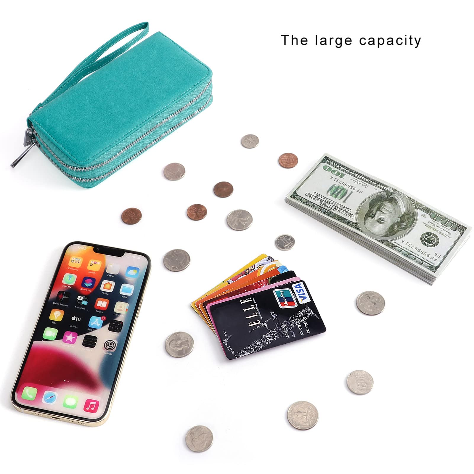 Abberry Double Zipper Wristlet Wallet Long Clutch Purse Cellphone Wallet for Women (Green)