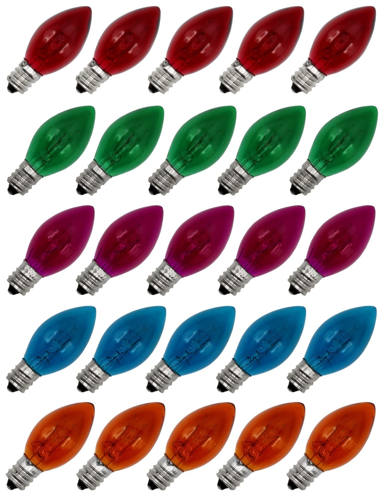Creative Hobbies 25 Pack C7 Transparent Multicolor Christmas Light Bulbs - 7W Steady Burning Incandescent, Nickel Plated Candelabra Base, Extended Life