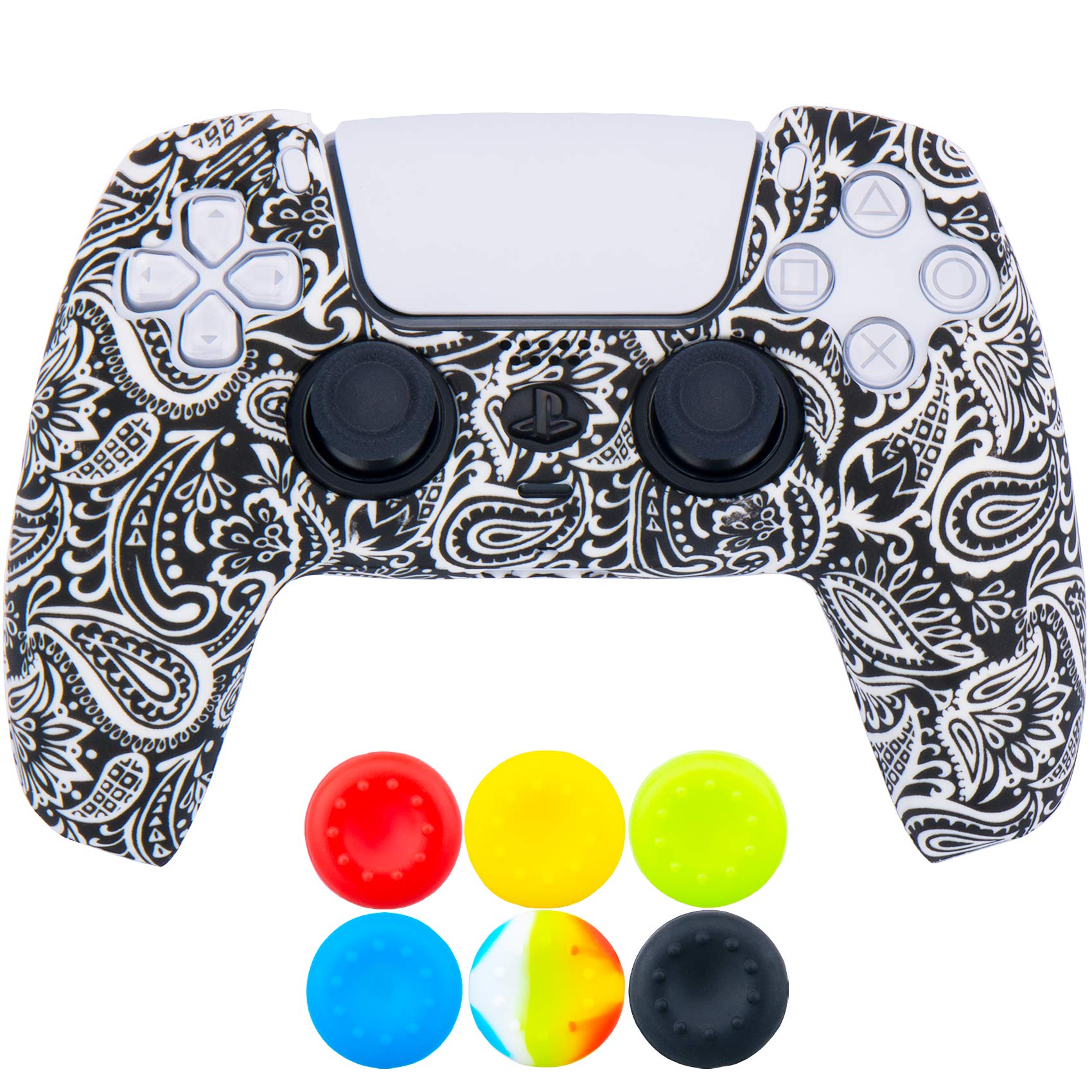 9CDeer 1 Piece of Silicone Transfer Print Protective Thick Cover Skin + 6 Thumb Grips for Playstation 5 / PS5 Controller Foliage White