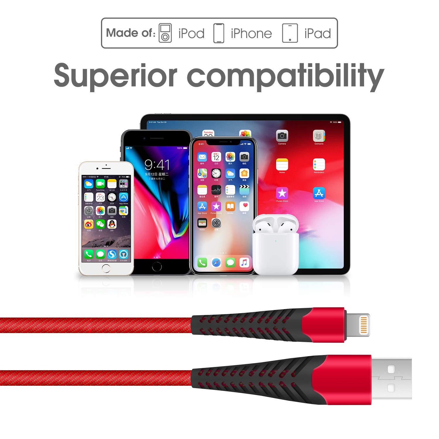 iPhone Charger Cable, Lightning Cable 3PACK 10FT Nylon Braided Fast iPhone Charging Cord Compatible with iPhone 11 Pro Max XS XR X 8 7 6 Plus 5, iPad Pro iPod Airpods and More