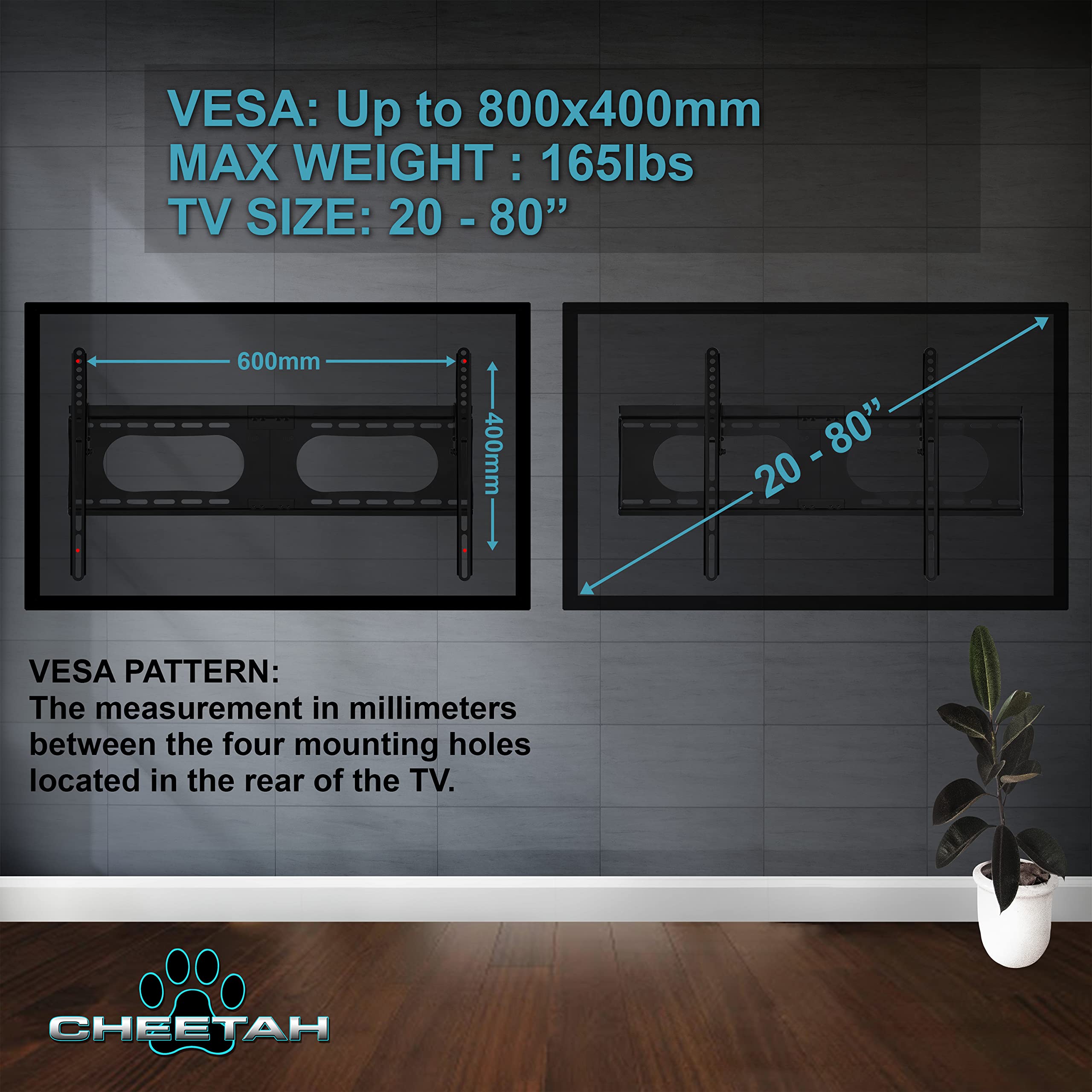 Cheetah APTMMB TV Wall Mount for 20-80" TVs (Some up to 90”) up to VESA 730 and 165lbs, and fits 16” and 24” Wall Studs, and Includes a Tilt TV Bracket, a 10' Twisted Veins HDMI Cable and a 6" 3-Axis