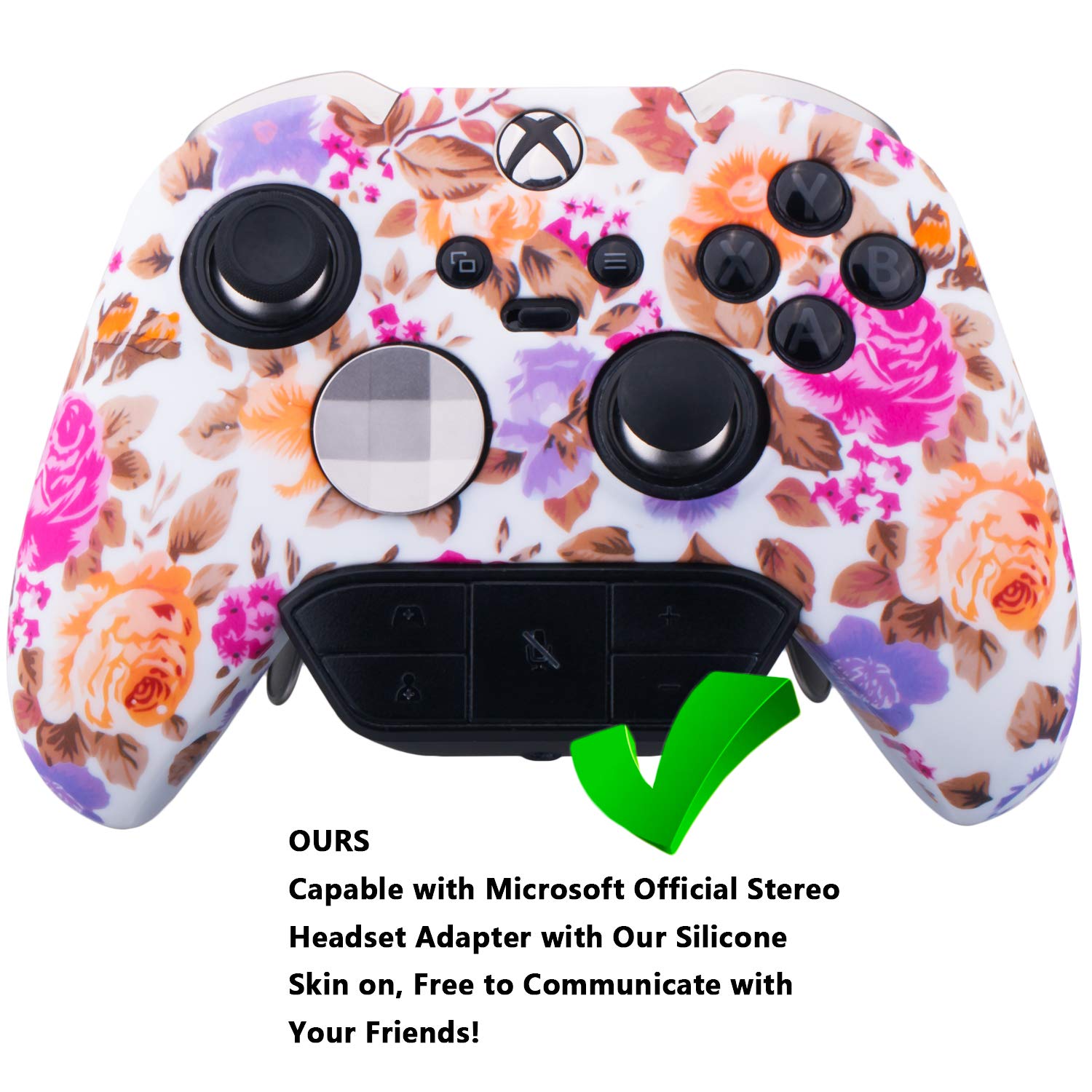 9CDeer 1 x Protective Customize Transfer Print Silicone Cover Skin Pink Flowers + 6 Thumb Grips Analog Caps for Xbox Elite Wireless Controller Compatible with Official Stereo Headset Adapter