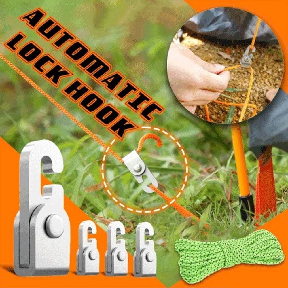 Aesackir 4 Pack Automatic Lock Hooks,Multifunctional Lock Hook with 5M Rope,Camping Tent Accessories,Tighten Rope Kit Self-Locking Rope Buckle,Suitable for Awning Outdoor Activities Tent Lock