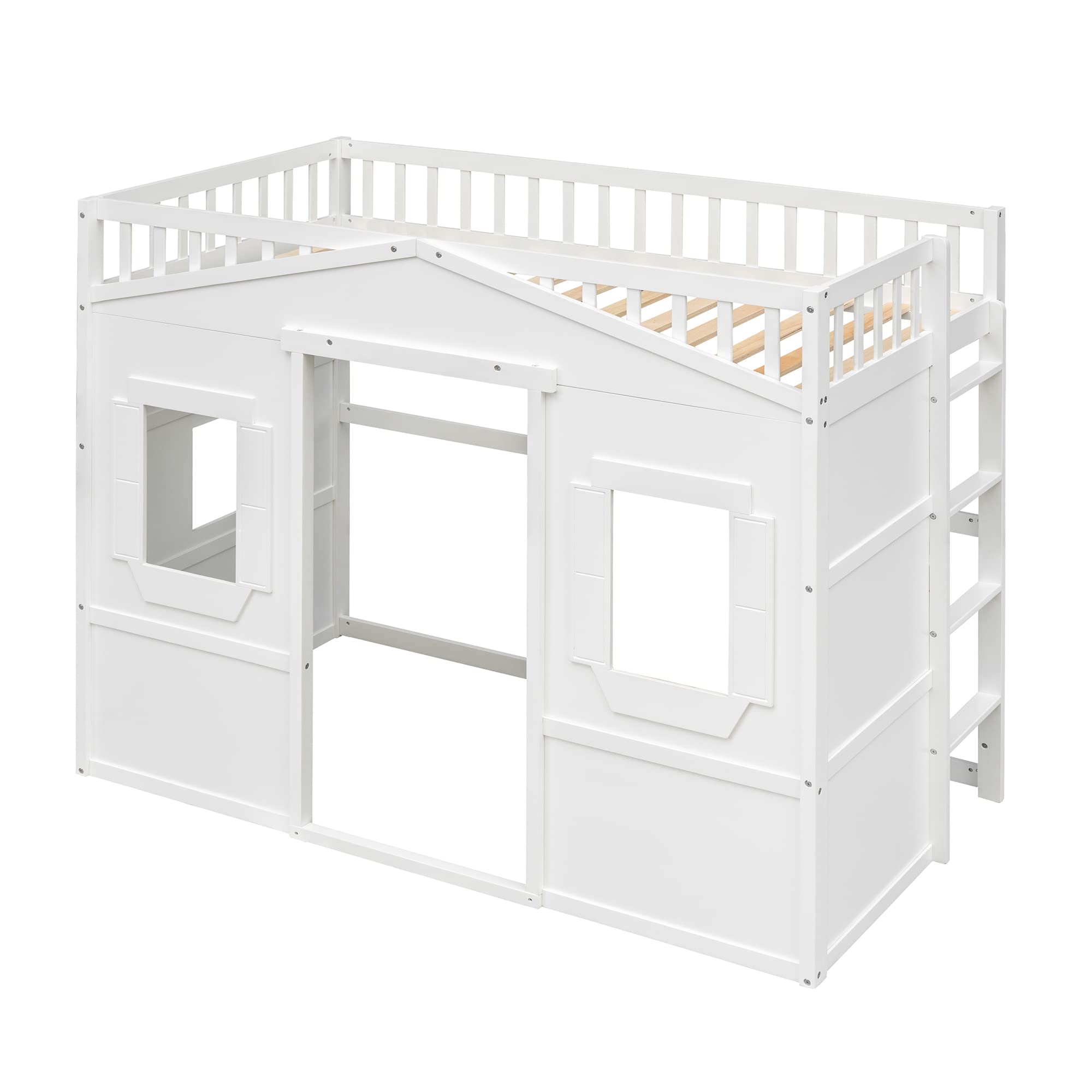 Twin House Loft Bed Frame for Kids, Wood Twin Loft Bed with Windows and Guardrail, Playhouse Bed, Twin Size Loft Bed for Boys & Girls, No Box Spring Needed, Underbed Height is 51 Inches, White