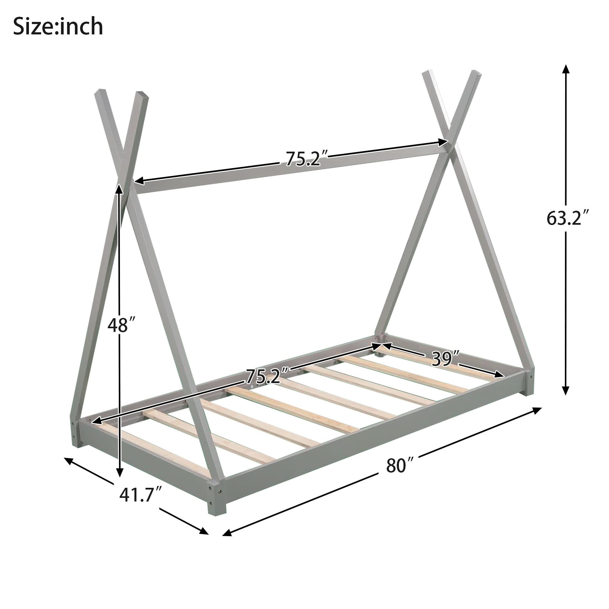 Wood Montessori Floor Bed Frame Twin Size, Twin Floor Bed with Slats and Triangle Structure, Kids Floor Bed Twin Size/Montessori Bed for Kids, Girls, Boys, Twin Bed Frame Gray
