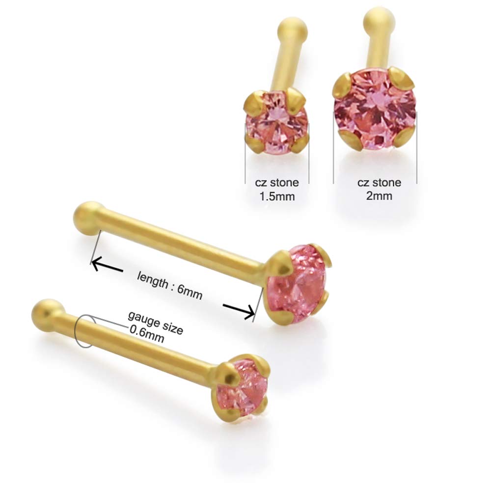 9 Karat Solid Yellow Gold Plain Claw Set 2MM Pink Round CZ Stone 22 Gauge Ball End Nose Stud Piercing Jewelry