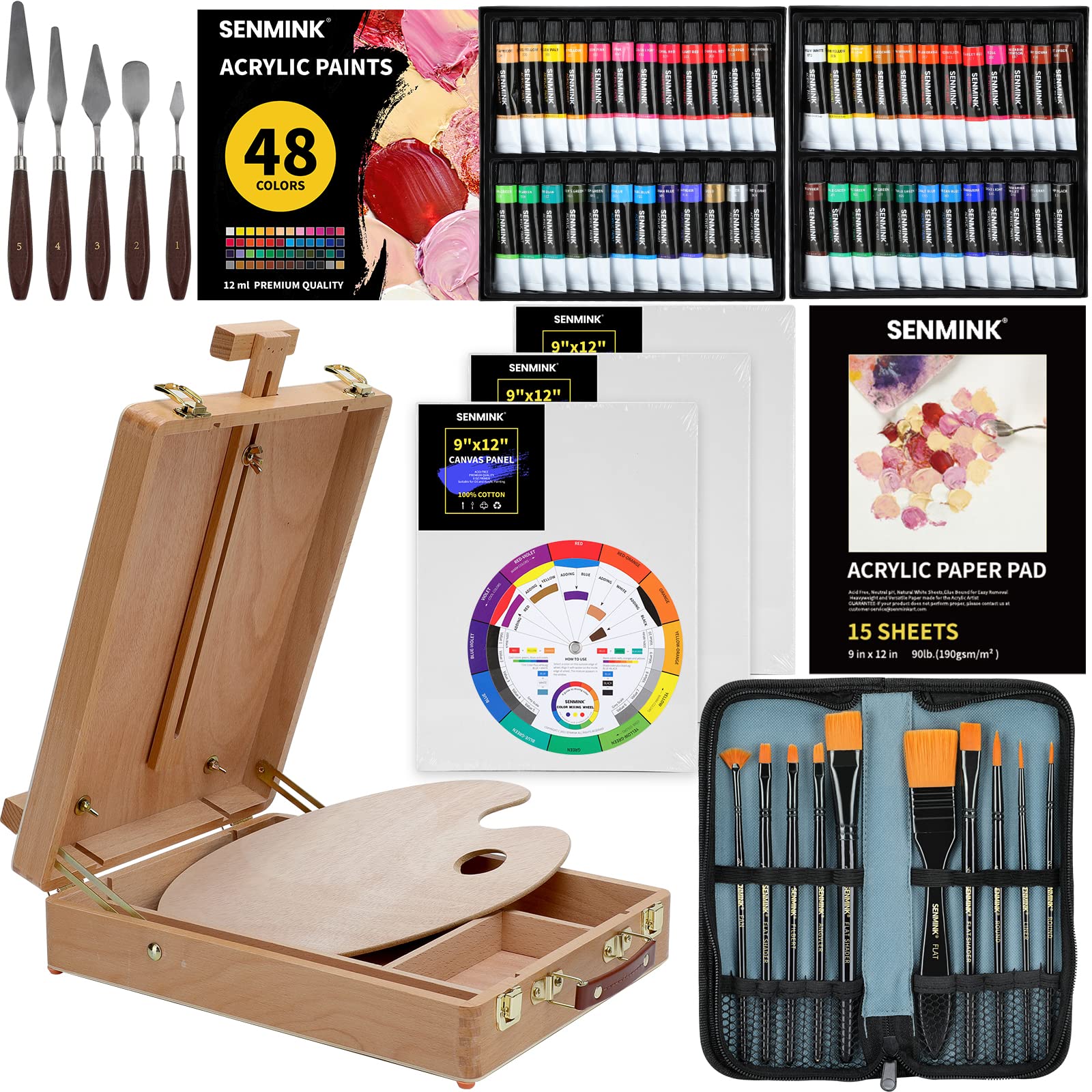 69 Pcs Artists Painting Set with Wood Box Easel,48×12ML Acrylic Painting Set, Canvas 9x12 inches, Wood Palette, Palette Knife Art Supplies, Paint Set for Adults Beginners