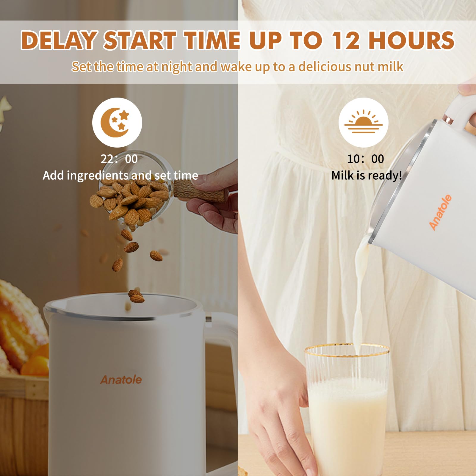 Anatole Nut Milk Maker 24oz 700ml Almond Milk Machine 8-In-1 Multifunctional Soy Oat Plant-Based Milk Blender Homemade Dairy-Free Juice Paste with 10 Stainless Steel Blades 12 Hours Timer Recipes