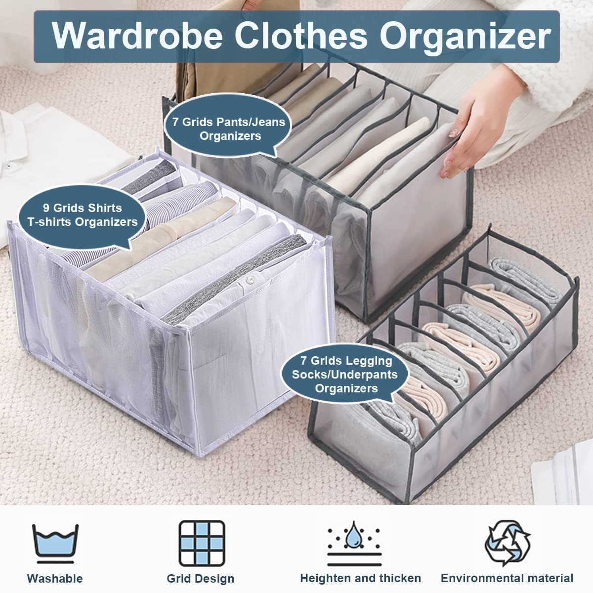KesaPlan 3Pcs Wardrobe Clothes Organizer, 7/7/9 Grids Visible Foldable Closet Organizers, Compartment Storage Box with Mesh Separation, Washable Drawer Dividers Organizers (Pants+T-Shirt+Legging)