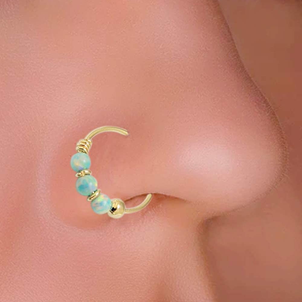 9 Karat Yellow Gold Triple Light Green Opal Bead 22 Gauge Hoop Nose Piercing Ring Jewelry