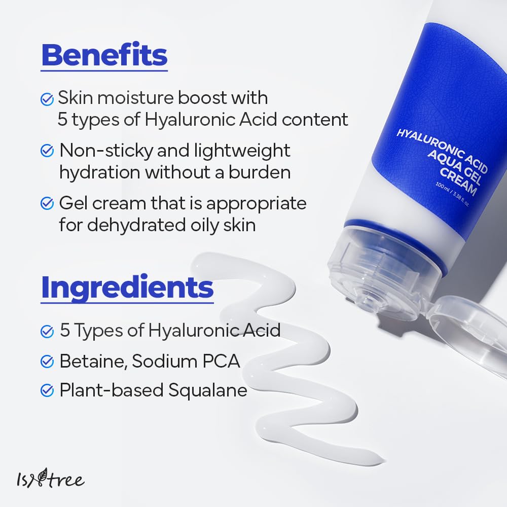 IsNtree Hyaluronic Acid Aqua Gel Cream 100ml, 3.38 fl.oz | Lightweight Hydrating Gel | Quick Absorbing Moisturizer | Korean Skincare