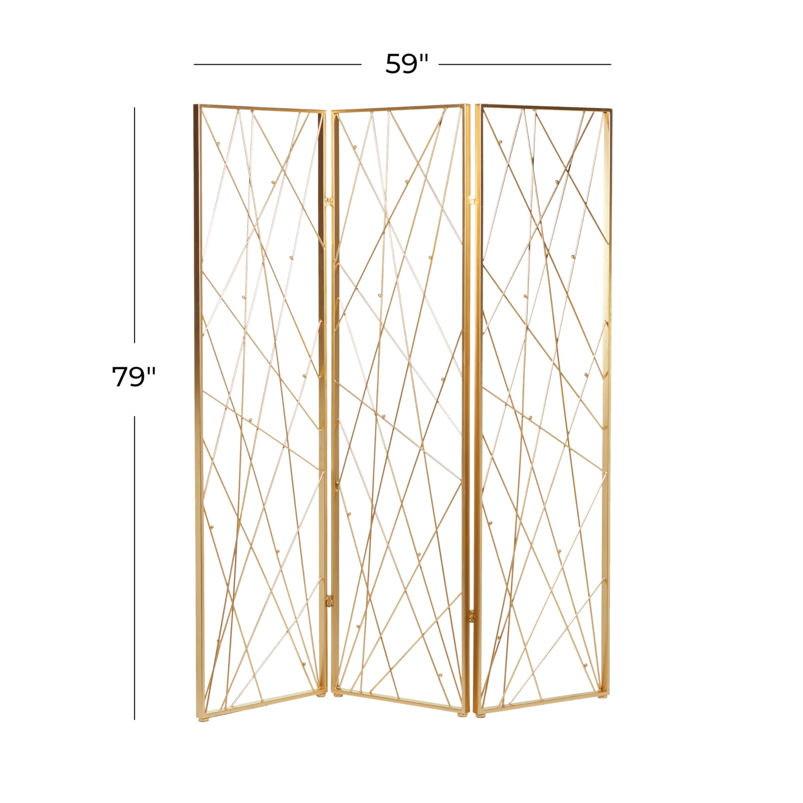 Deco 79 Metal Abstract Partition Room Divider Screen Foldable Partition Wire Rod 3 Panel Privacy Screen with Small Ball Accents, Room Partition 59" x 2" x 79", Gold