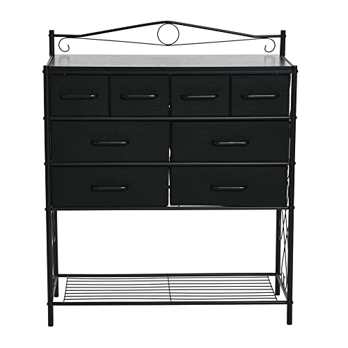 Household Essentials Victoria Dresser Table Storage Organizer with 8 Drawers and Shoe Shelf Black Metal Frame and Black Oak Wood Grain Top