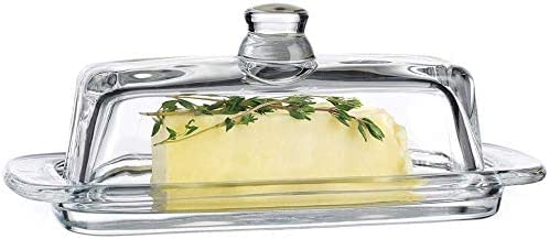 Friwer Glass Butter Butter Dish with Handled Lid, Traditional Kitchen Accessory, Crystal clear rectangular 7.7""x 3.7, Clear" Dishwasher Safe