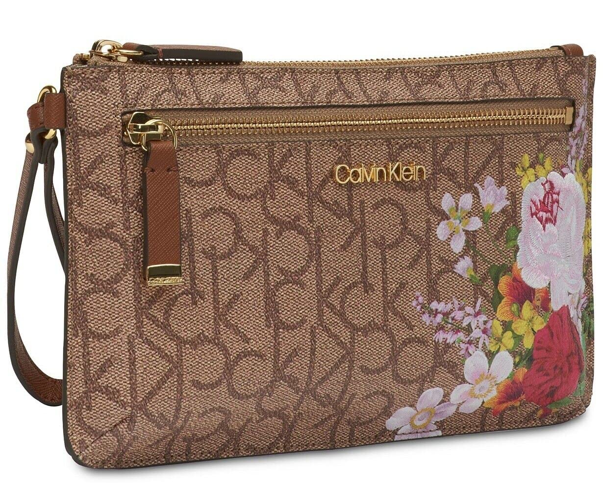 Calvin Klein CK Logo Floral Embroidered Phone Wristlet Walllet Clutch Bag