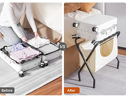 ELYKEN 2 Pack Luggage Rack with Laundry Bag, Guest Room Folding Space Saving Suitcase Holder, Max 110LBS Baggage Shelf with Heavy Duty Nylon Belts, Dirty Clothes Storage for Bedroom Hotel