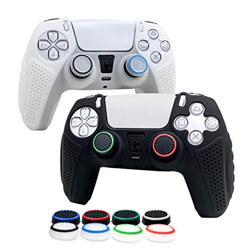 6amLifestyle PS5 Controller Skins Cover Anti-Slip Silicone Controller Grip Protector for Playstation 5 DualSense PS5 Controller (Black and White Controller Skin + 8 Thumb Grips)