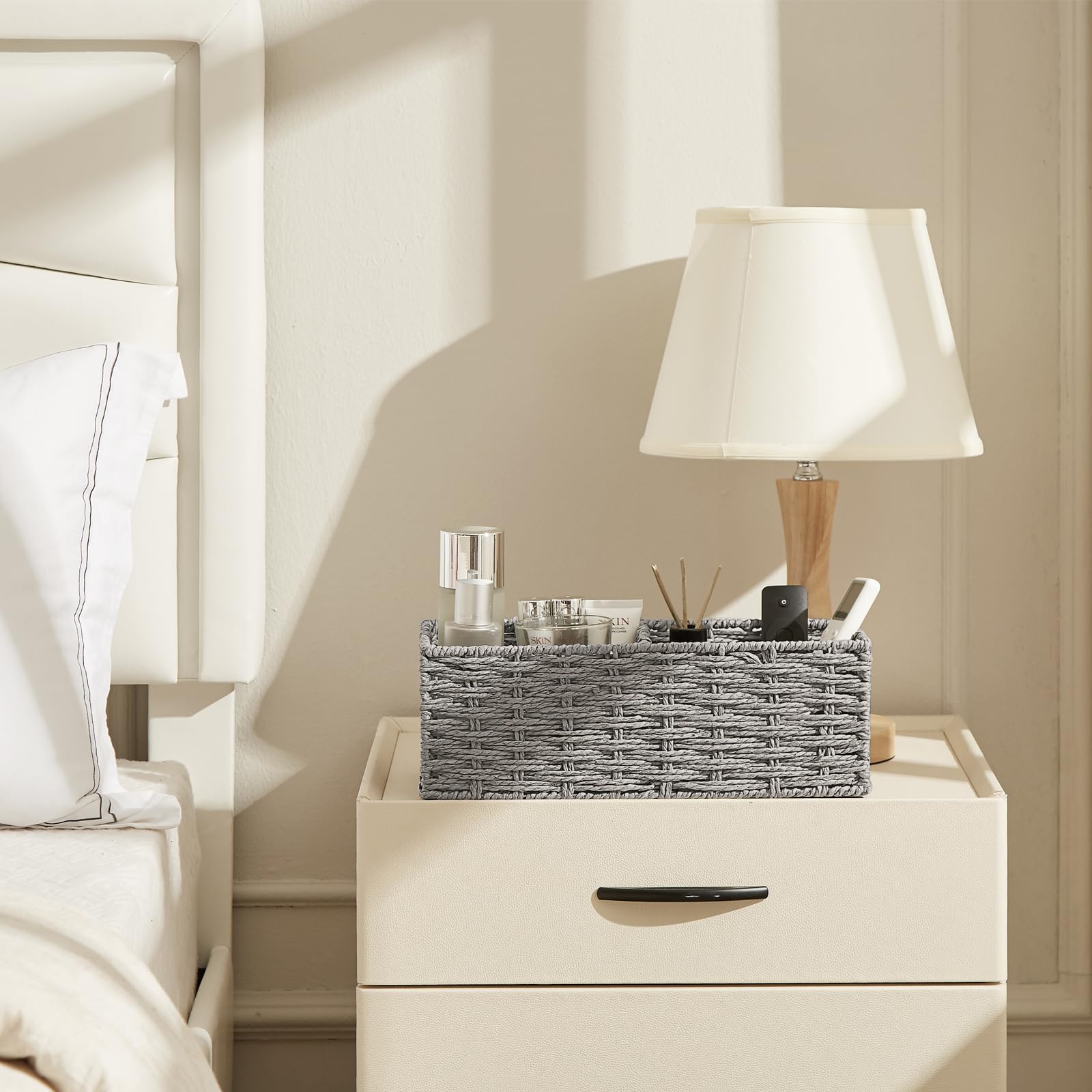 Vagusicc 2-Section Wicker Storage Basket, Hand-Woven Paper Rope Wicker Baskets,Toilet Paper Basket for Toilet Tank Top, Small Wicker Baskets for Organizing, 2-Pack, Grey