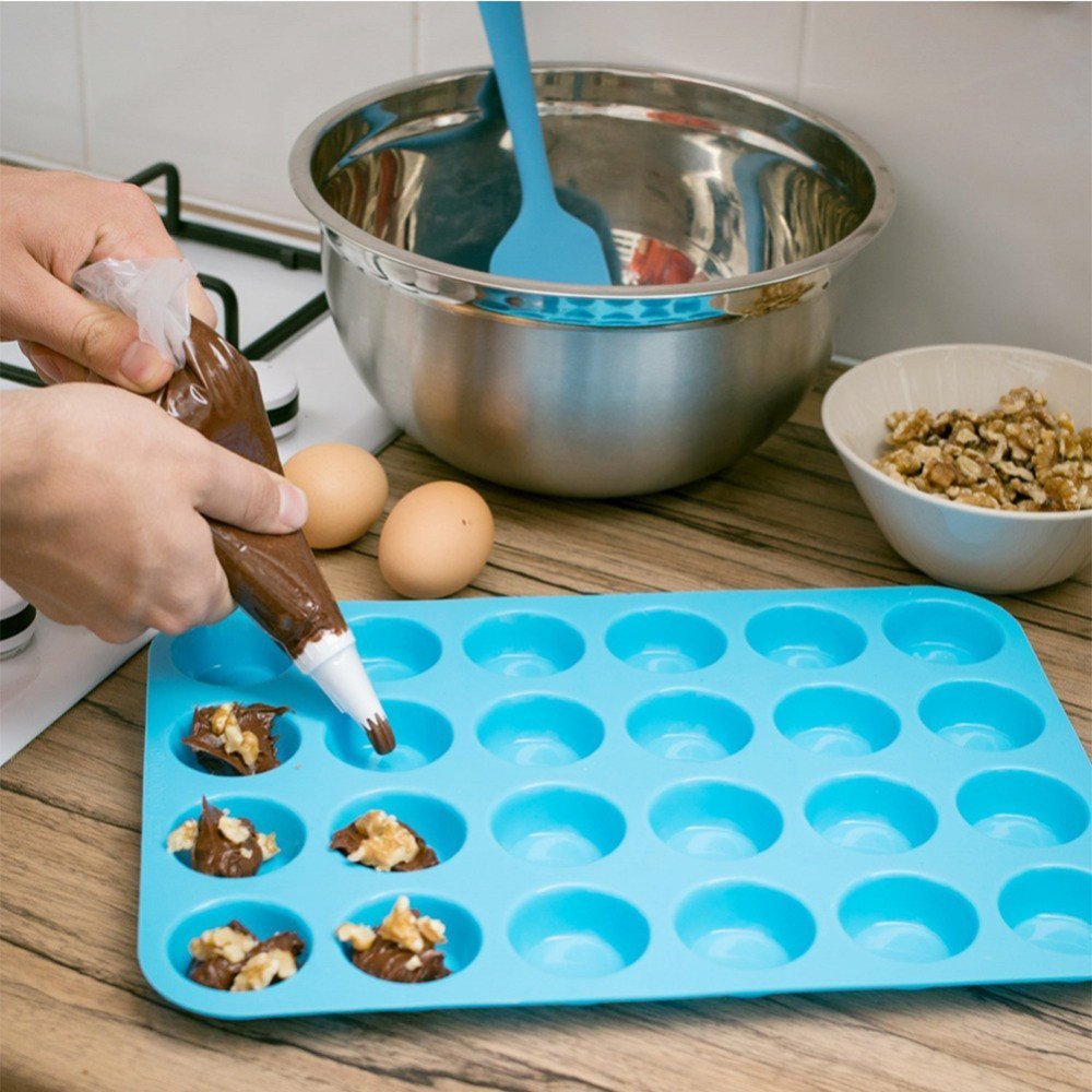 Amison Mini Muffin Pan 24 Cups, 2 Packs Silicone Cookies Cupcake Bakeware Tin Soap Tray Mould Non stick, BPA-free, Dishwasher Safe (Blue)